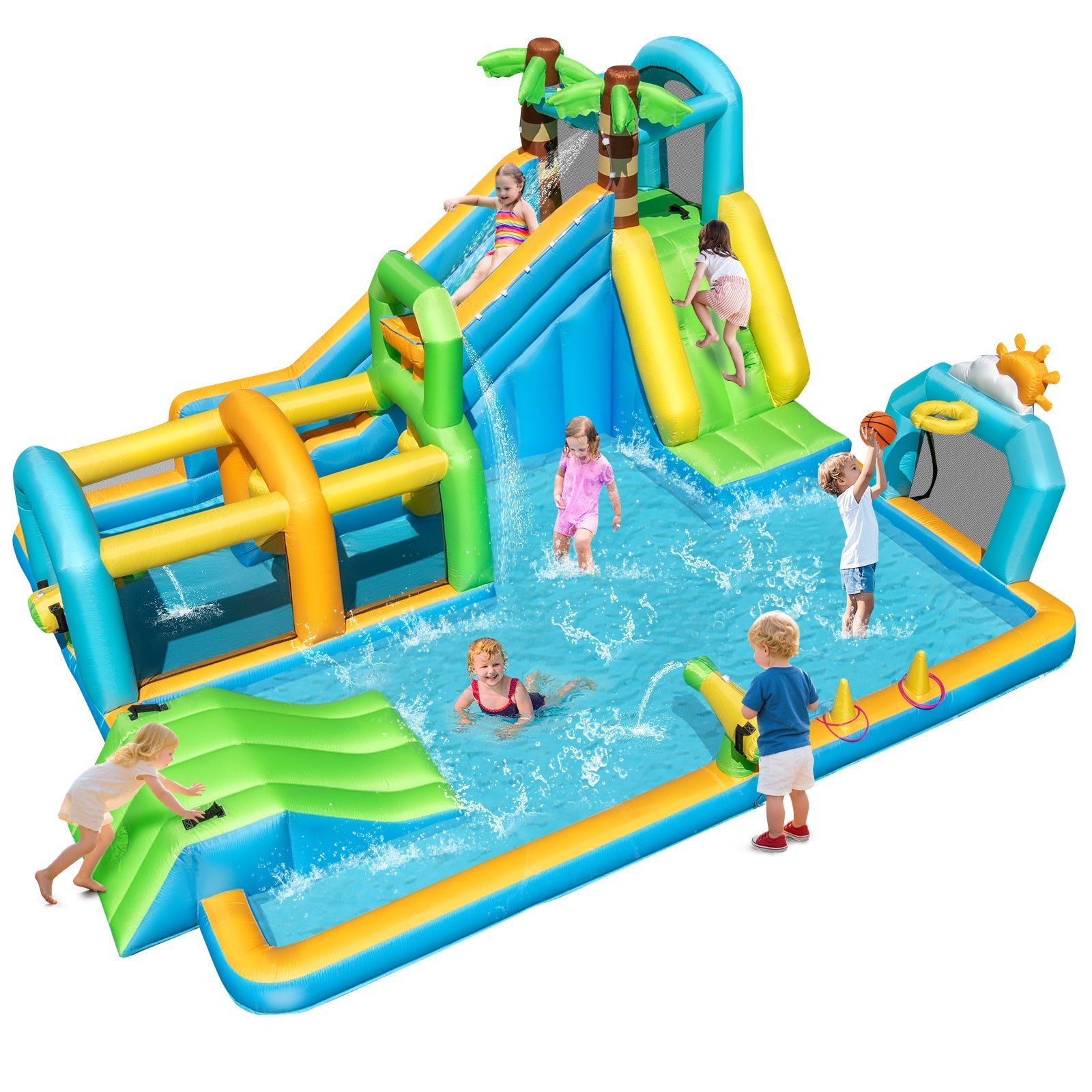 Inflatable Water Slide, Tropical Theme Dual Slide Aqua Park with Splas