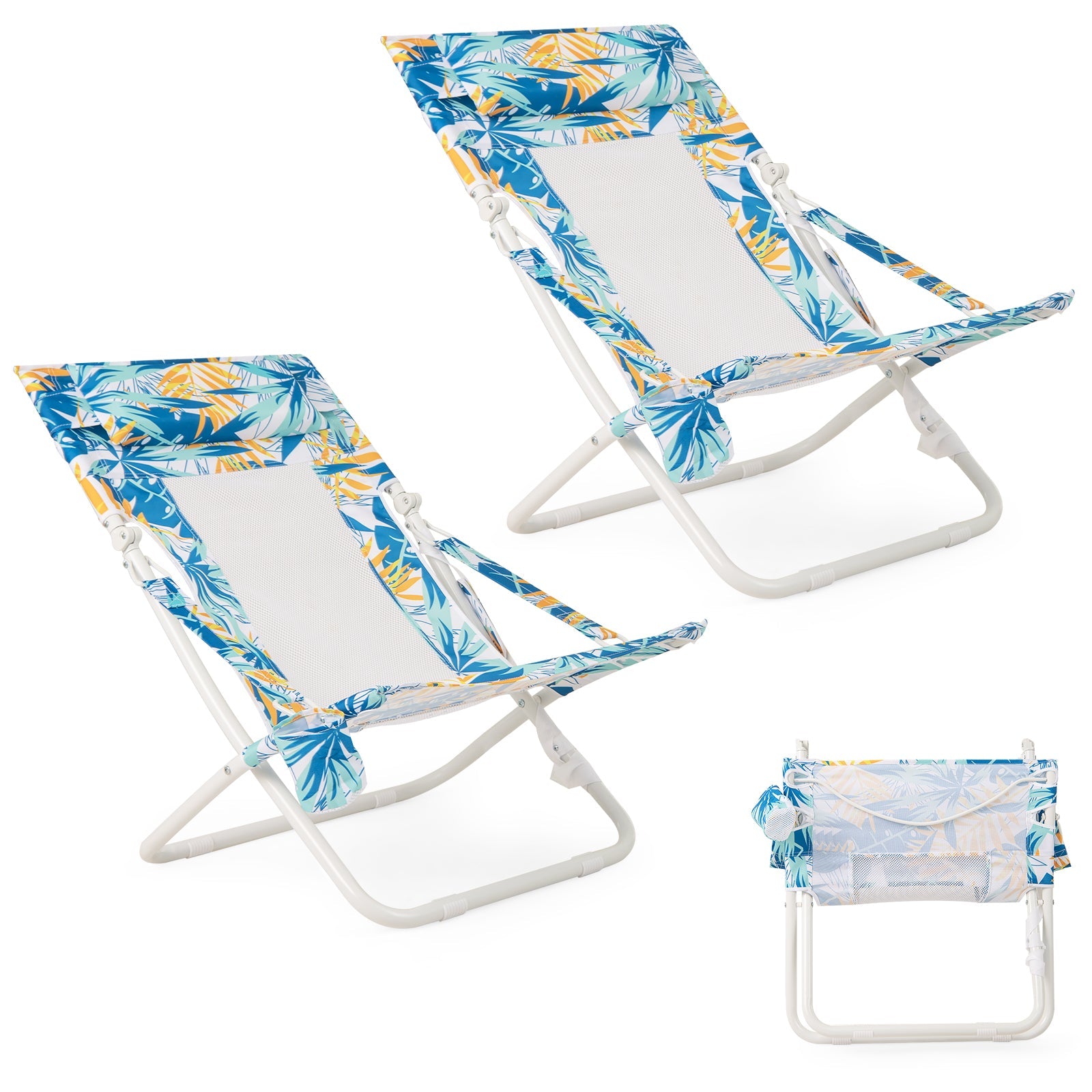 Folding Low Beach Chair, Set of 2, Patio Sling Chairs w/ Padded Head P