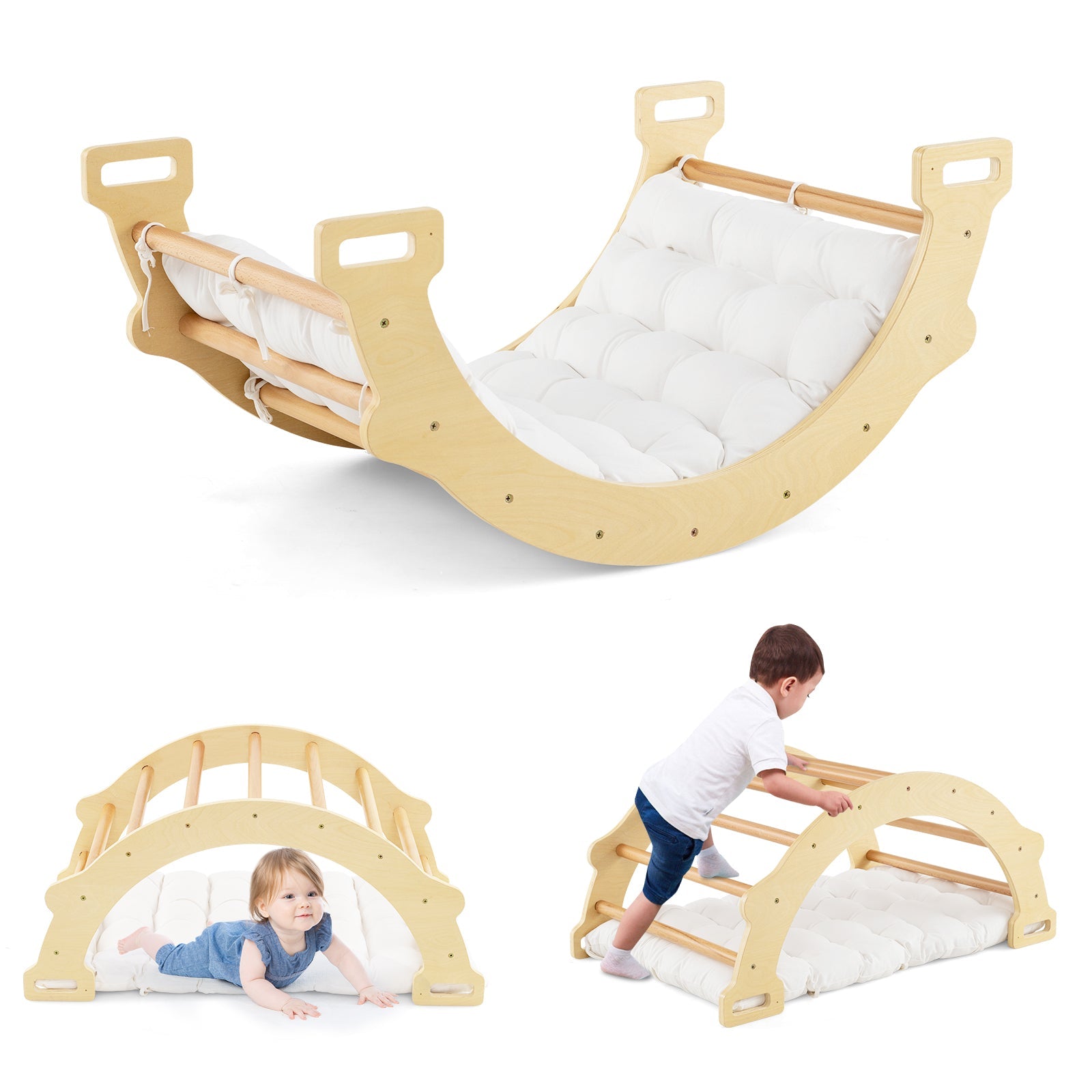 Kids Climber Arch Rocker with Cushion, 4-In-1 Convertible Wooden Arch