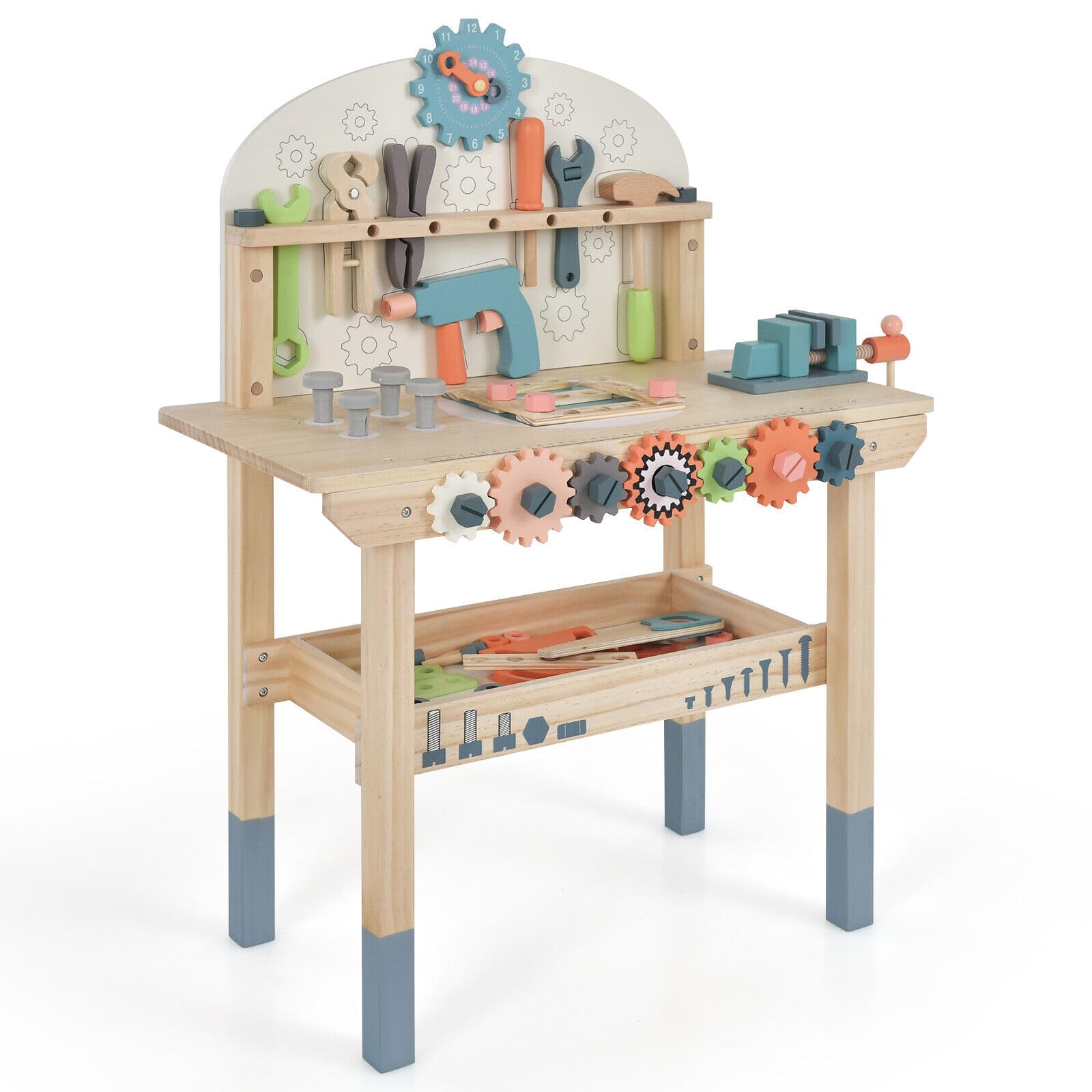 HONEY JOY Kids Tool Bench, Wooden Pretend Workbench w/63 Toy Tools and