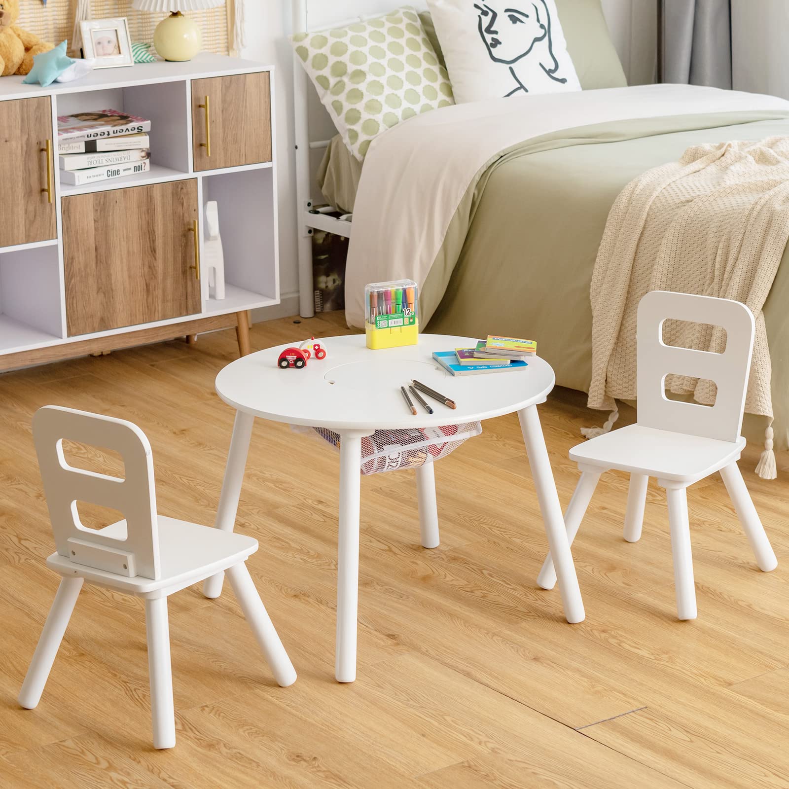 HONEY JOY Kids Table and Chair Set, 3PC Wood Activity Table w/Center M
