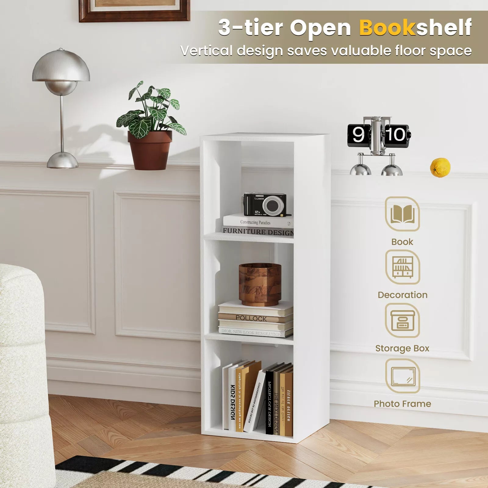 3-tier Bookshelf Home Open-back Storage Shelf Bookcase 1-Piece Storage